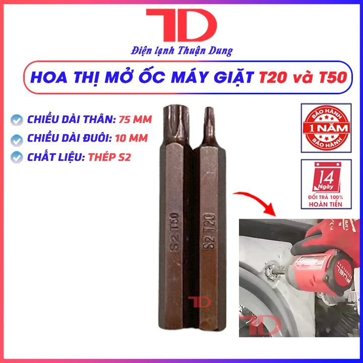 Bộ Đầu Tua Vít Lục Giác Mũi Hoa Thị Mở Ốc Máy Giặt T20 và T50 dài 75mm đuôi 10mm Điện lạnh Thuận ...