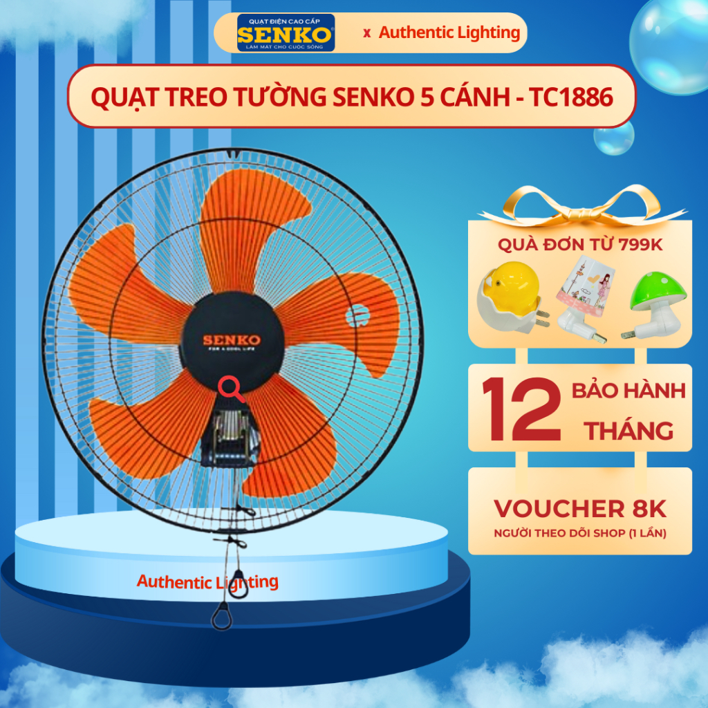 Quạt treo tường senko TC1886 - Kiểu dáng công nghiệp, 5 cánh, 65w, gió ...