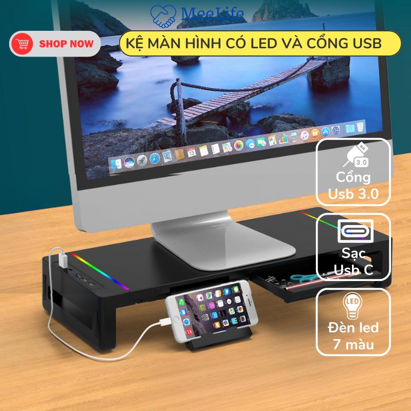 Kệ màn hình PC kệ để máy tính kê laptop cao cấp cổng USB 3.0 Type C kết ...