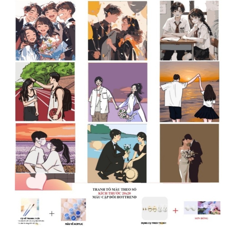 (Tặng sticker) Tranh số hóa Cặp đôi cute sẵn Khung 20x20cm Kèm bộ Dụng ...
