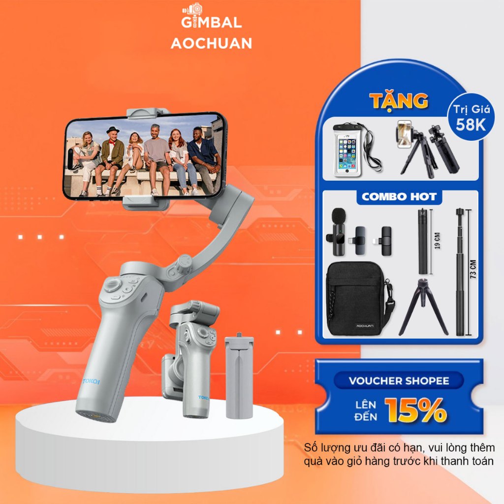 Gimbal điện thoại TOQI M01 cao cấp, gậy chụp ảnh 3 chân xoay 360 độ có ...