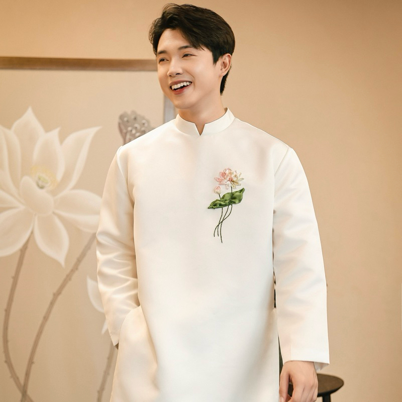 [Sen] Áo dài nam OAO hoạ tiết Sen thêu Ruy băng thủ công | Shopee Việt Nam
