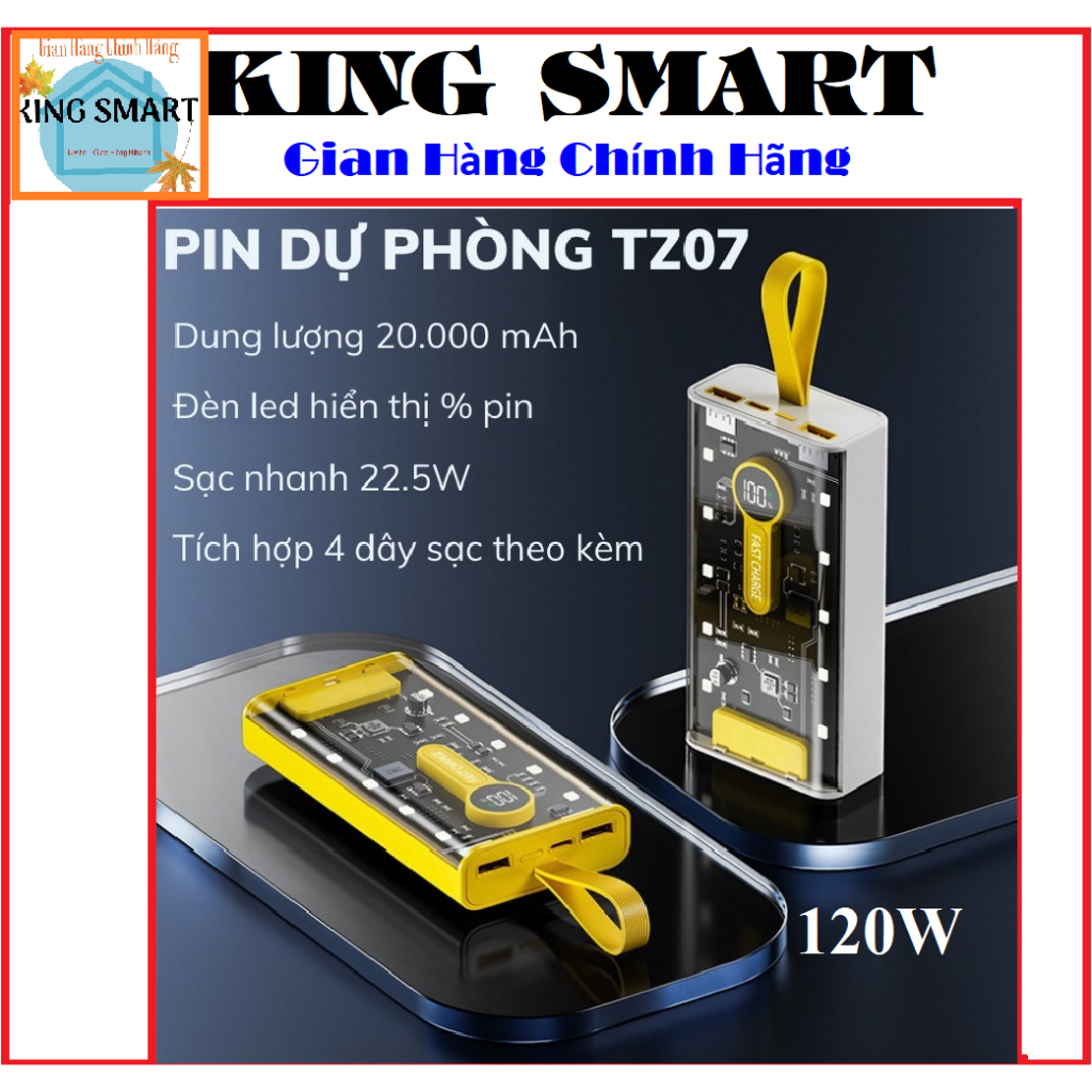 Sạc dự phòng trong suốt 20000mah TZ07 với 2 cổng sạc nhanh 22,5W và PD ...