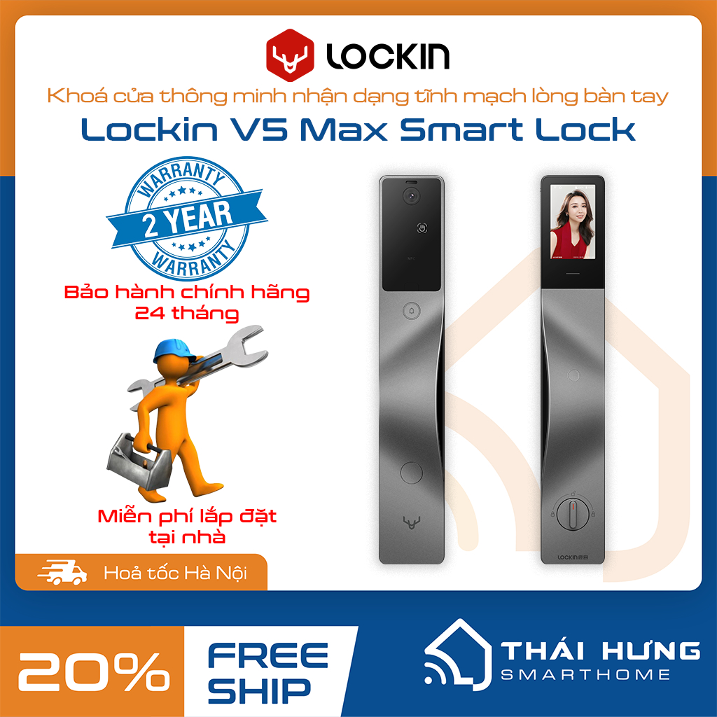 [Bao lắp đặt] Khóa cửa thông minh Lockin V5 Max nhận dạng tĩnh mạch lòng bàn tay, Face ID, tích ...