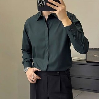Áo sơ mi nam màu xanh lá from rộng cao cấp , vải lụa không nhăn , dáng ...