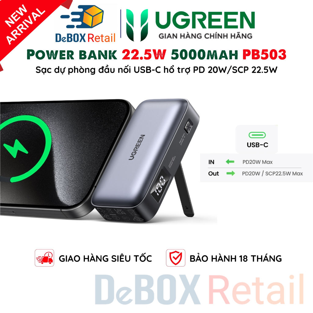 Pin dự phòng tích hợp đầu nối USB-C UGREEN PB503 5000mAh PD 20W, SCP 22 ...