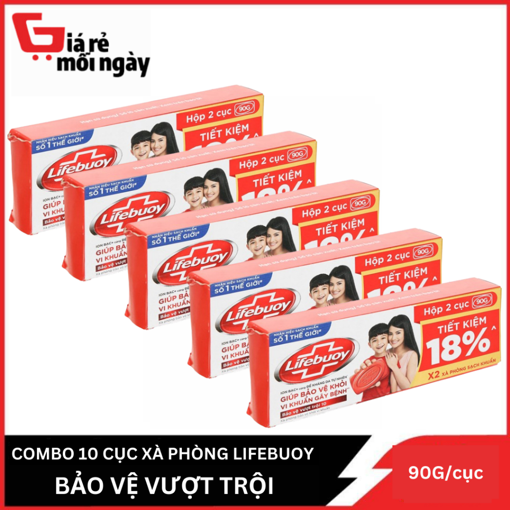 COMBO 5 Hộp Đôi Xà bông cục Lifebuoy Bảo vệ vượt trội 180G (1 hộp gồm 2 cục nhỏ, 90g/cục ...