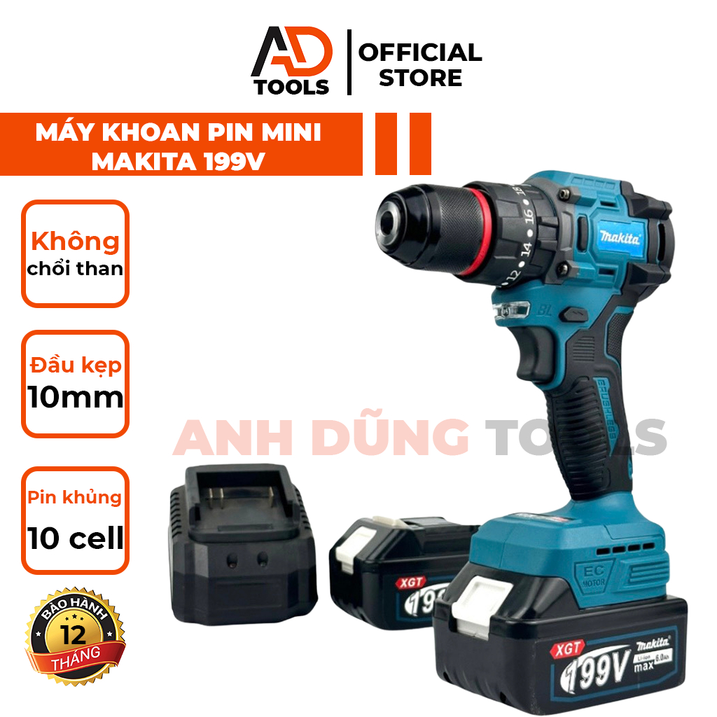 Máy khoan pin mini cầm tay KHÔNG CHỔI THAN MAKITA 199V đầu 10mm 3 chức ...