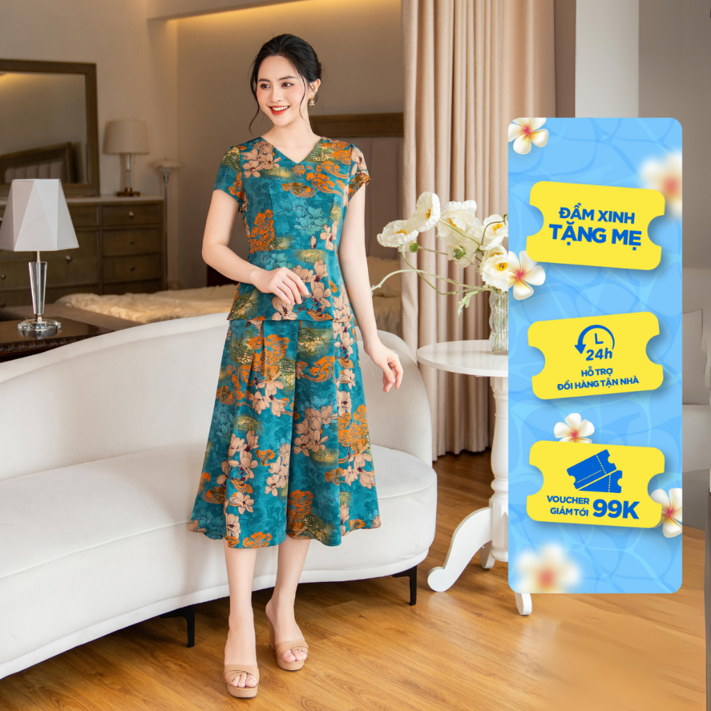 Đồ bộ trung niên tặng mẹ cao cấp LYBEE LS001-L họa tiết hoa mộc lan chất lụa tuyết nhẹ mát 45 ...