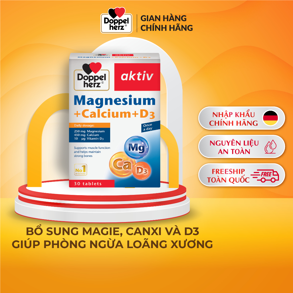 Viên uống bổ sung Canxi phòng ngừa loãng xương Doppelherz Magnesium + Calcium + D3 (Hộp 30 viên ...