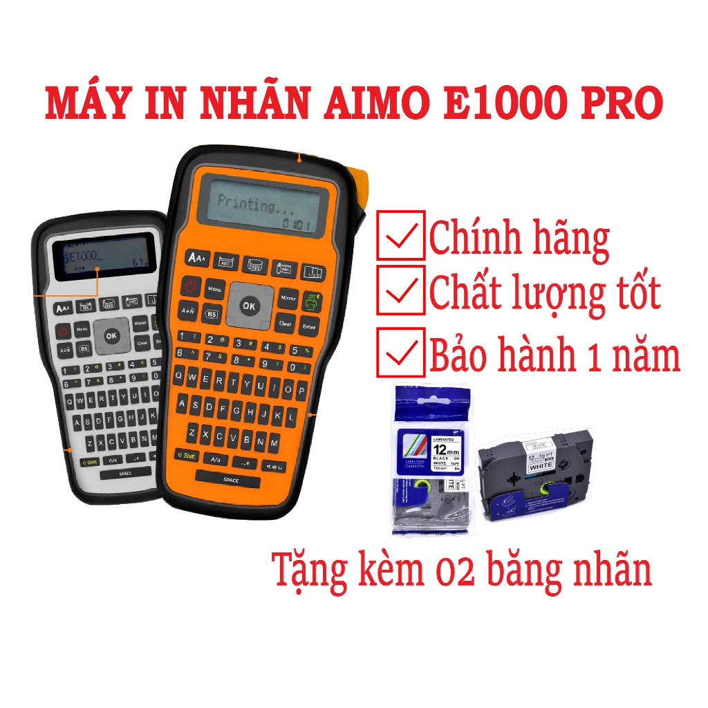 Máy In nhãn AIMO E1000 PRO (Bản quốc tế) in nhãn từ 6mm-12mm [KM tặng 02 băng nhãn-Hỏa tốc Hà ...