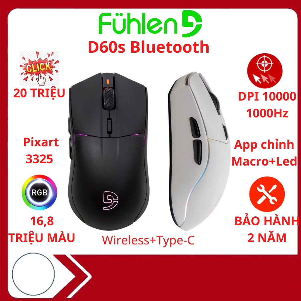 Chuột gaming Bluetooth Fuhlen D60s RGB, DPI 10000, 3 Mode kết nối, App chỉnh macro- BH 2 năm ...