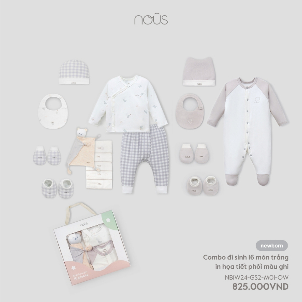 Nous Newborn combo đi sinh cơ bản 16 và 19 món sơ sinh trắng in họa ...
