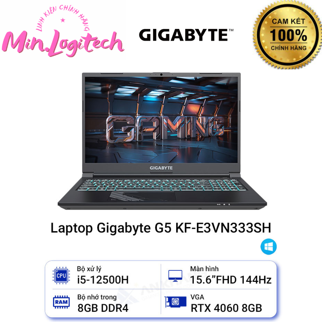 LAPTOP GIGABYTE GAMING G5 (KF-E3VN333SH) (I5 12500H /8GB /512GB /RTX 4060 8GB/15.6 " 144HZ/WIN ...