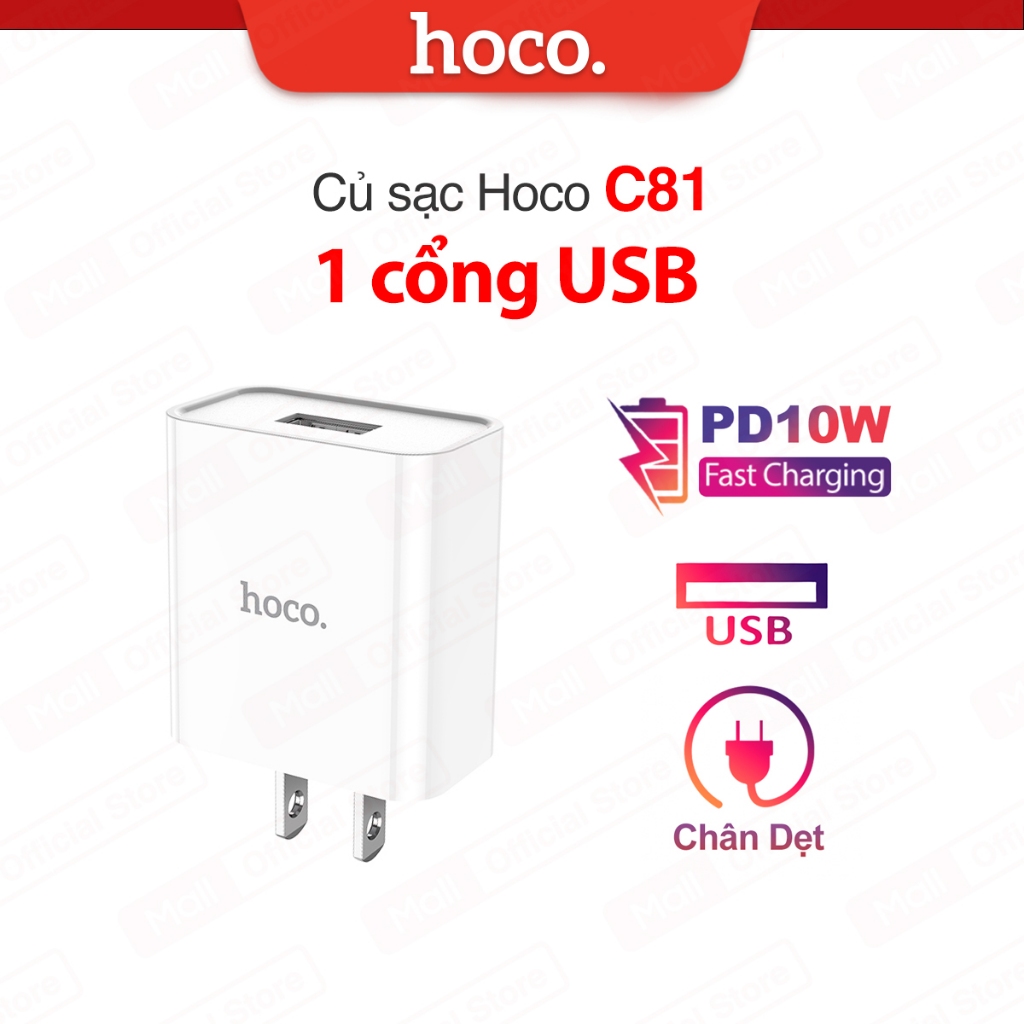 Củ sạc PD10W 1 cổng USB Hoco C81 chất liệu PC cao cấp, tương thích nhiều thiết bị , chân dẹt ...