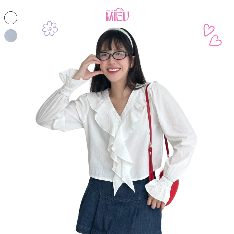 Áo kiểu nhún tay bèo cổ chữ v nữ tính có size dành cho nữ Dora Miều Est ...