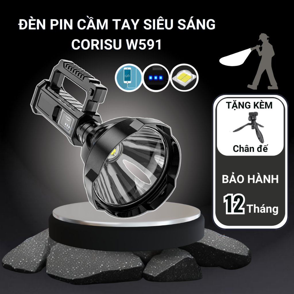 Đèn pin W591 corisu chiếu xa 500m pin khủng quân đội Mỹ vỏ nhựa ABS siêu bền có chân đế bóng led ...