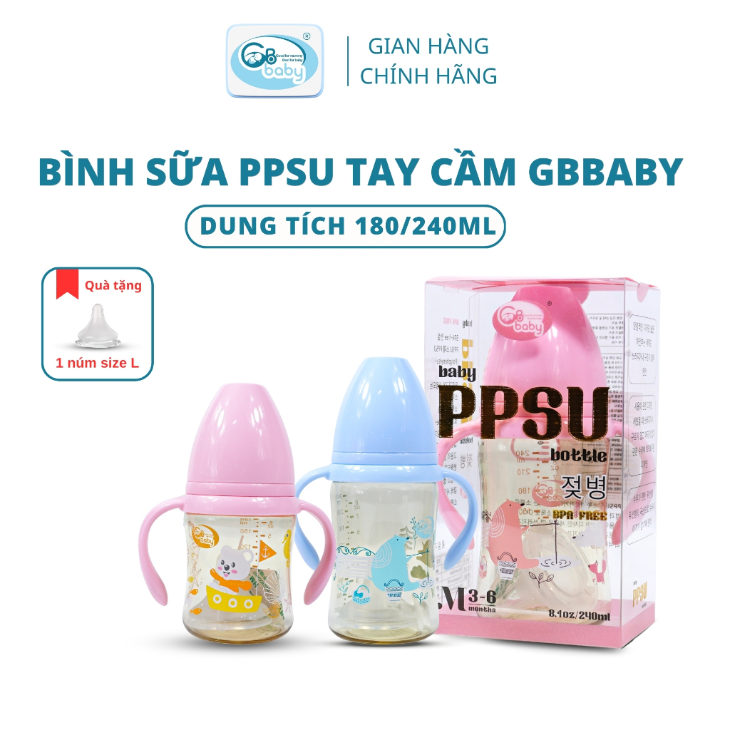 [Gb-Baby Chính Hãng] Bình sữa PPSU cổ rộng dung tích 180ml 240ml GB Baby có tay cầm tặng núm ty ...