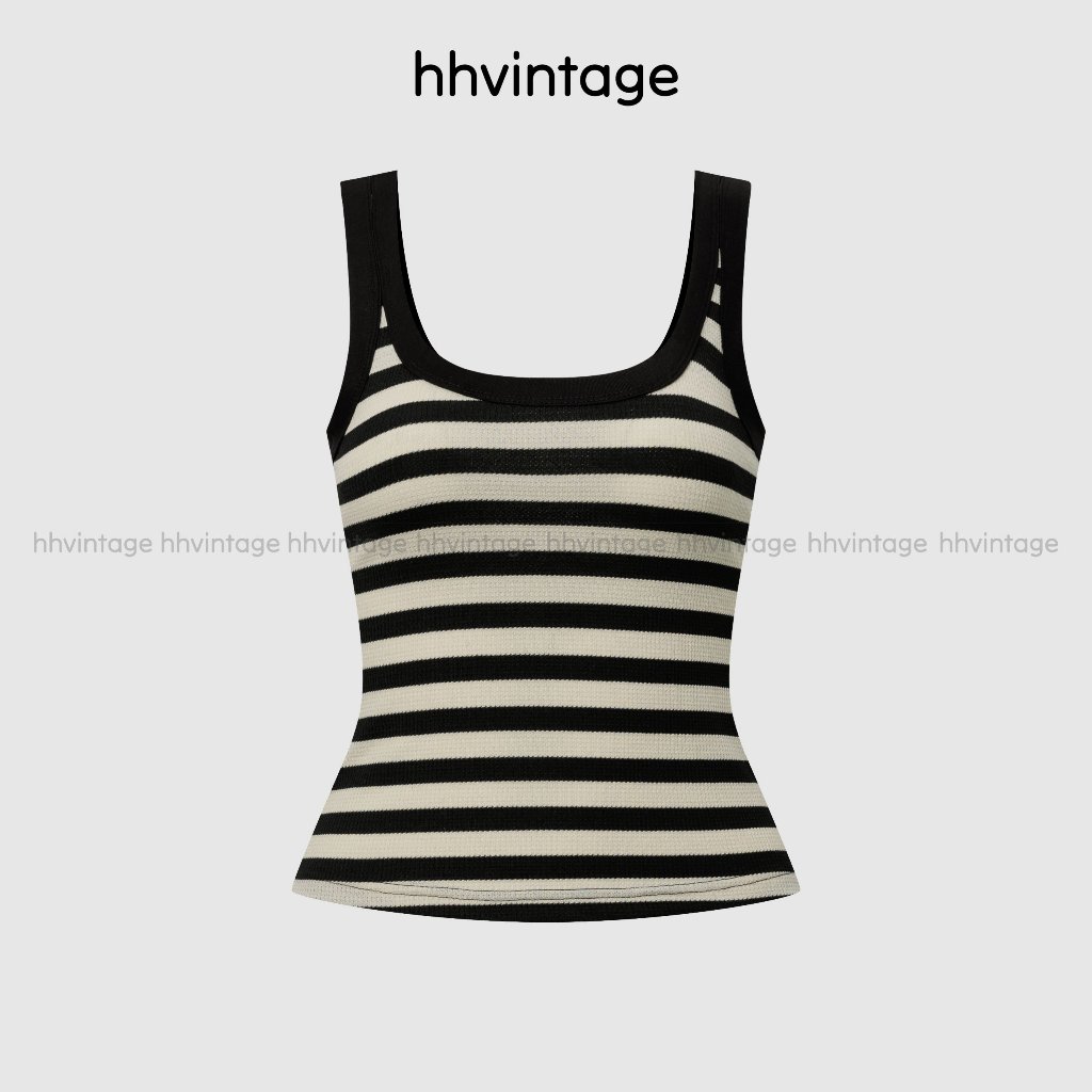 Áo ba lỗ cổ vuông sọc nữ dáng dài HHVINTAGE kiểu viền sọc thun co dãn ...
