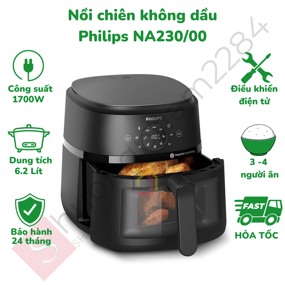 Nồi chiên không dầu Philips NA230/00 - Công suất 1700W, mặt kính cường ...