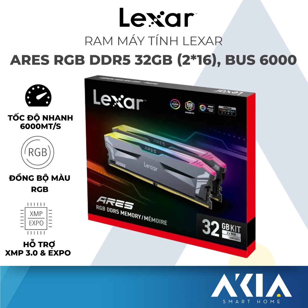 RAM máy tính Lexar Ares RGB DDR5 32GB (2*16), BUS 6000, đồng bộ màu RGB, hỗ trợ XMP 3.0 & EXPO ...