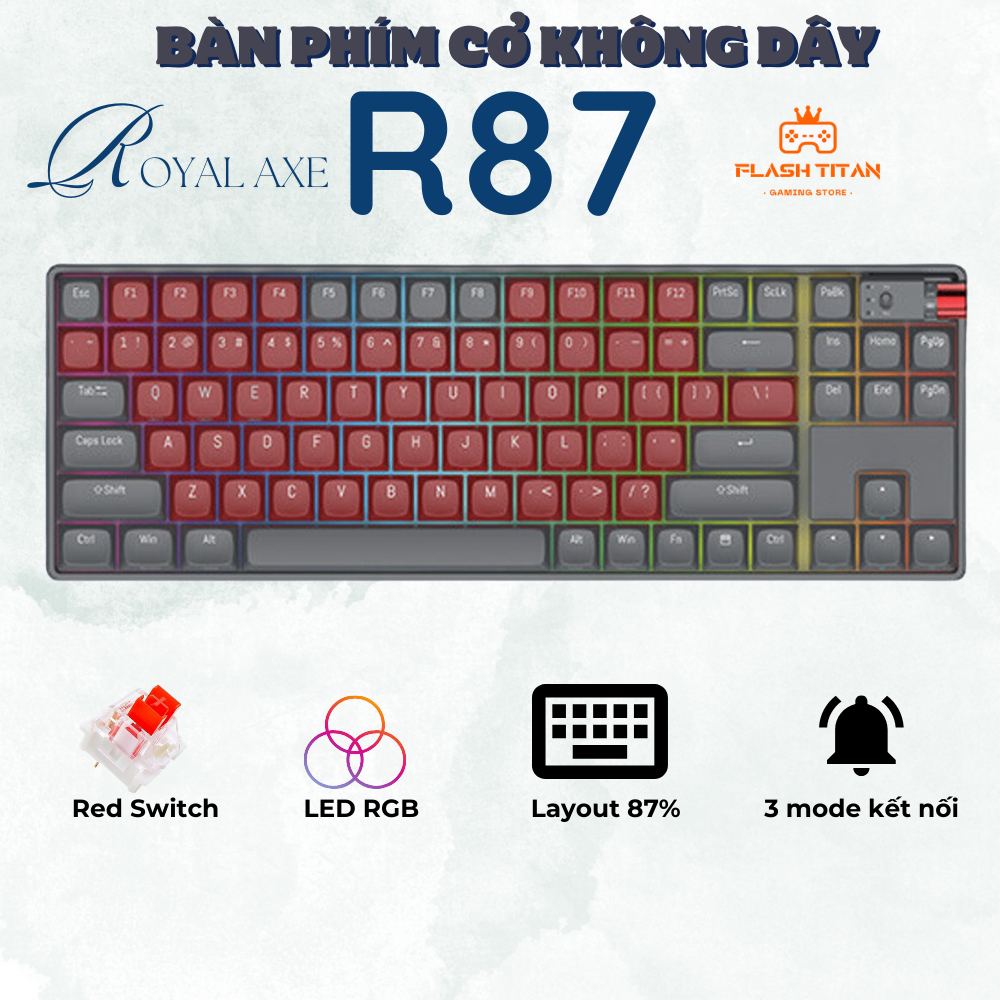 Bàn phím cơ không dây Royal Axe R87 - Hỗ trợ 3 mode kết nối - Led RGB nhiều chế độ - Hotswap ...
