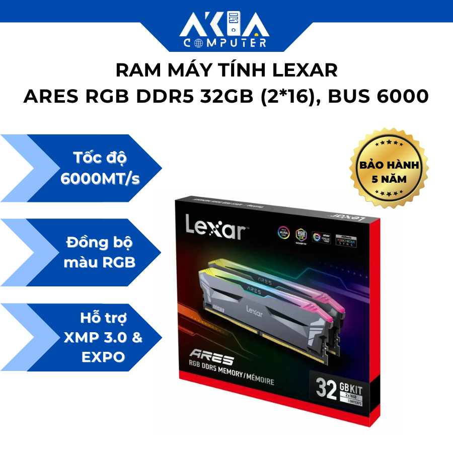 RAM máy tính Lexar Ares RGB DDR5 32GB (2*16), BUS 6000, đồng bộ RGB, hỗ trợ XMP 3.0 & EXPO ...