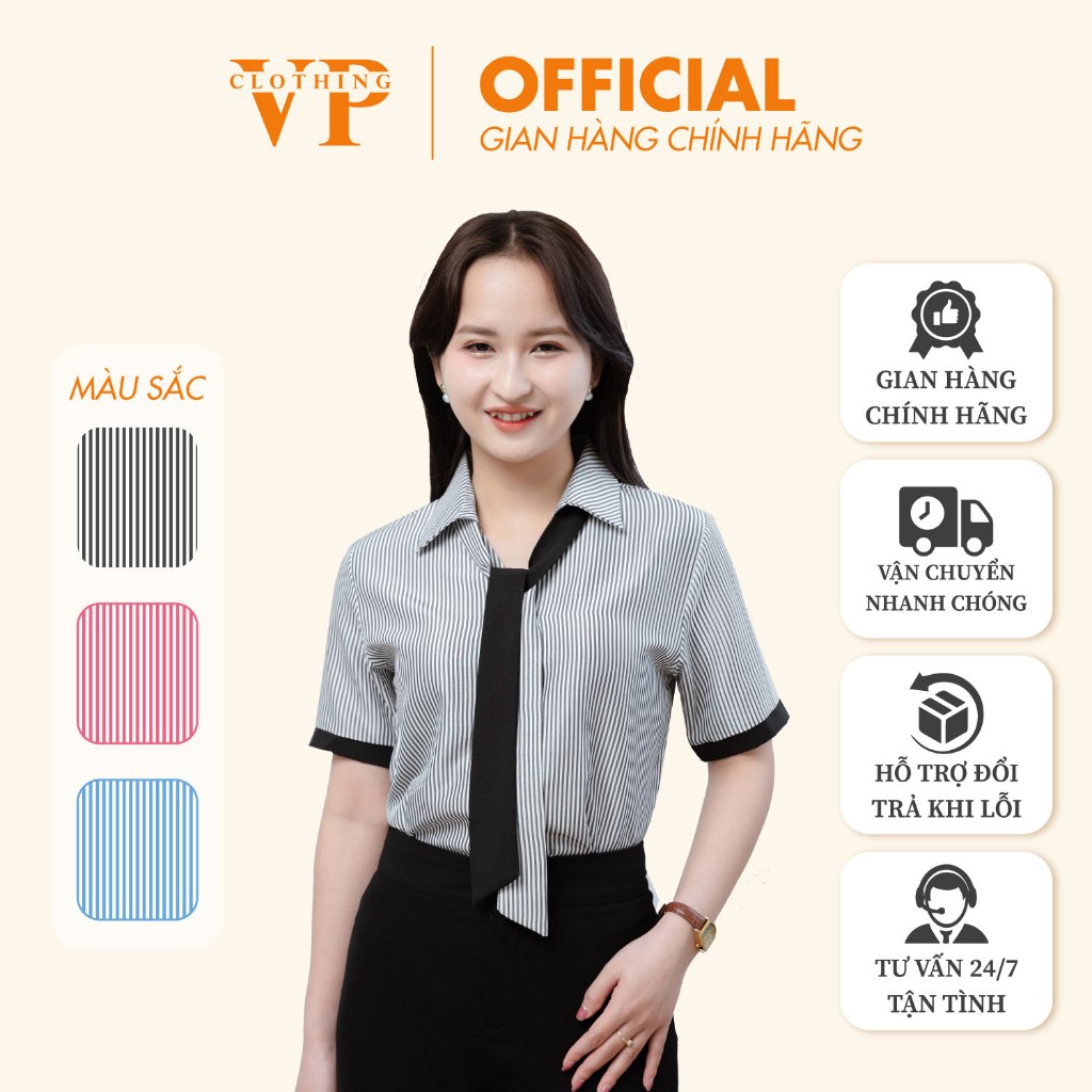 Áo Sơ Mi Nữ Công Sở VP Clothing Thiết Kế Ngắn Tay Hoạ Tiết Phối Màu ...