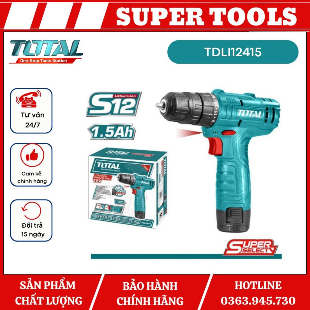 TOTAL Máy khoan pin Lithium 12V Kèm pin 1.5Ah và sạc TDLI12415 | Shopee ...
