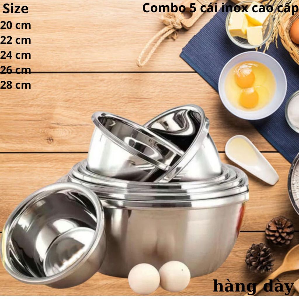 [ Combo 5 Thau inox 304 ] Đủ size loại dày bóng đẹp Rửa rau củ tiện lợi ...