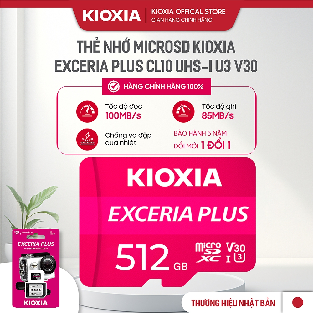 Thẻ nhớ microSD KIOXIA EXCERIA PLUS 512GB CL10 UHS-I U3 GHI HÌNH 4K TỐC ĐỘ 100M/s - Hàng Chính ...