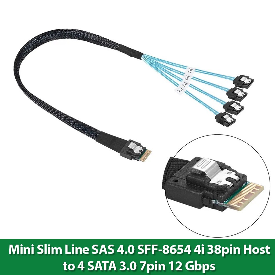 Dây cáp Mini Slim SAS 4.0 SFF-8654 4i 38pin Host to 4 SATA 3.0 7pin tốc độ 12 Gbps cho ổ cứng ...
