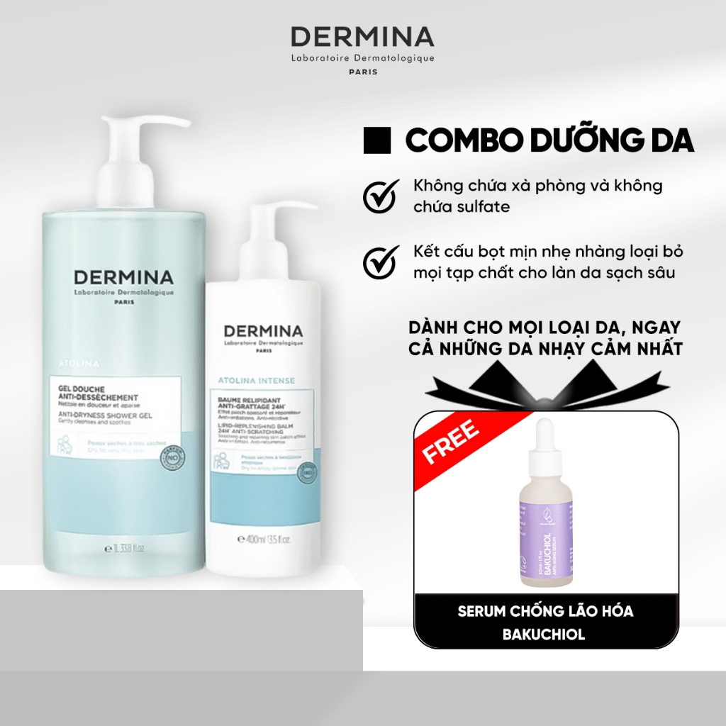 Combo sữa tắm và kem dưỡng Dermina Anti-Dryness Shower Gel + Lipid Balm ...