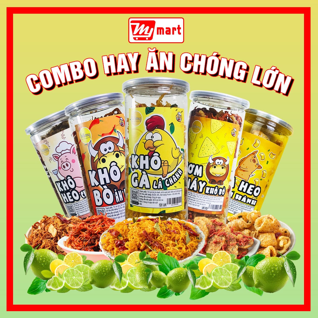 Combo Hay Ăn Chóng Lớn, Combo 5 hũ đồ ăn vặt khô gà, khô bò, khô mực, khô heo, da heo, cơm cháy ...