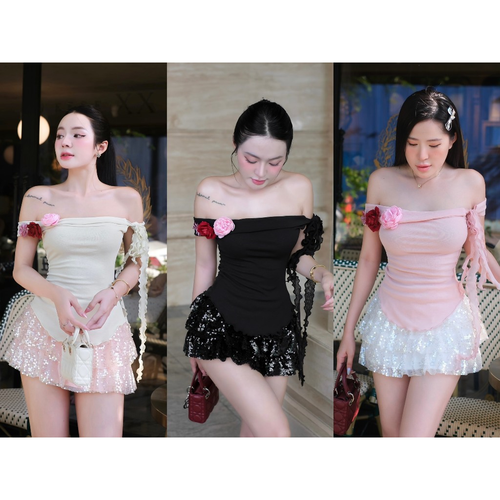 ( bán rời) Set áo bèo hoa trễ vai váy mini kim sa , by MeiMei | Shopee ...