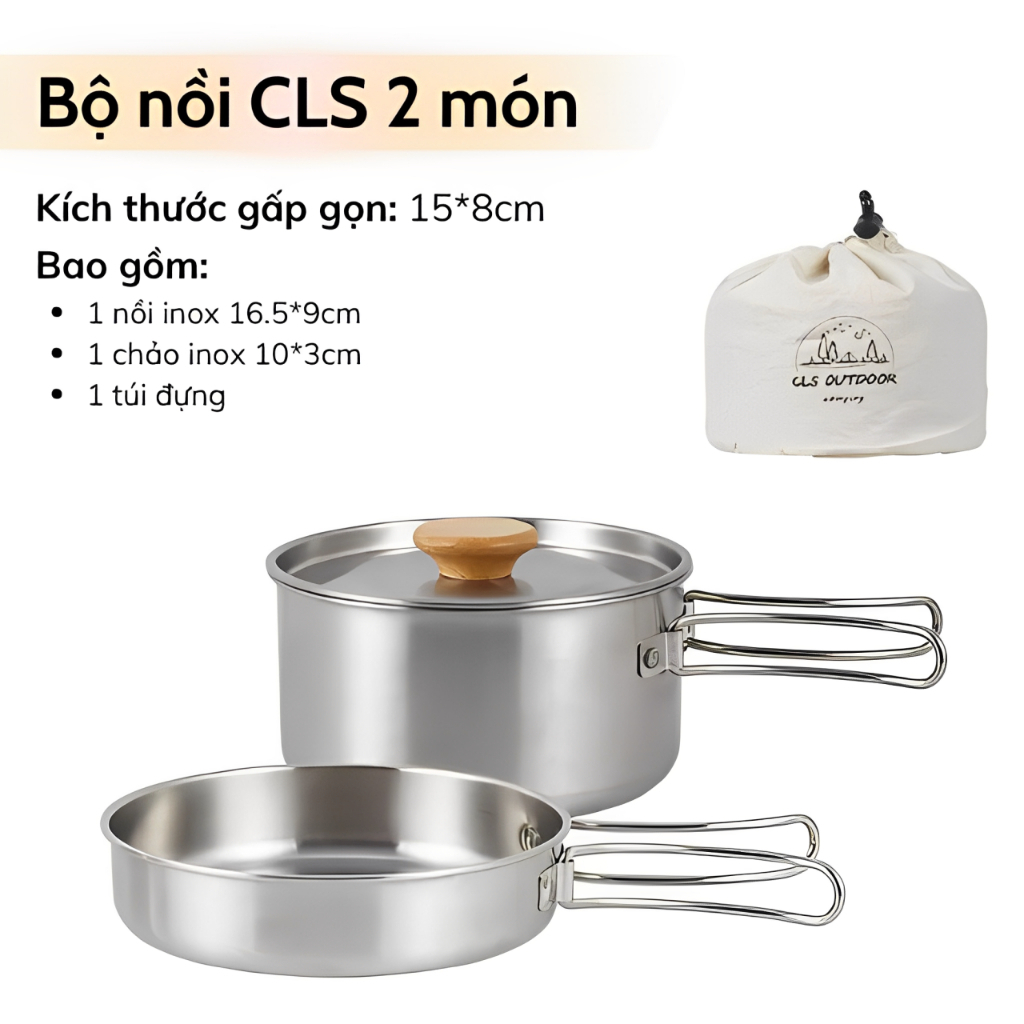 Bộ Nồi Camping Inox 304 Không Gỉ Chính Hãng CLS , Bộ Xoong Nồi Nấu Ăn Cắm Trại, Dã Ngoại Xếp Gọn ...
