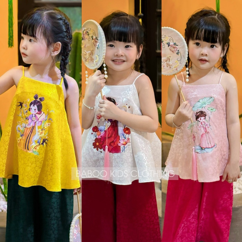 Set Yếm Bé Gái Chất Lụa Gấm In Hình Cô Gái BaBoo Kids Áo Xẻ Tà Sau Quần ...