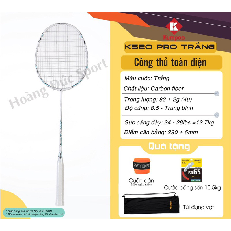 Vợt cầu lông Kumpoo Power Control K520 Pro căng max 12,7kg tặng cước căng sẵn 11kg,tặng cuốn cán ...