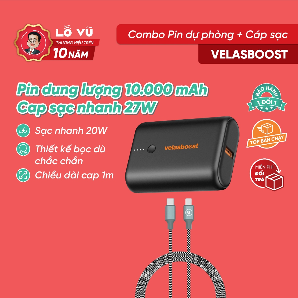 Bộ Sạc Velasboost, Pin Dự Phòng Velasboost DYNAMIC 1 (10K MAH), Cáp Sạc ...