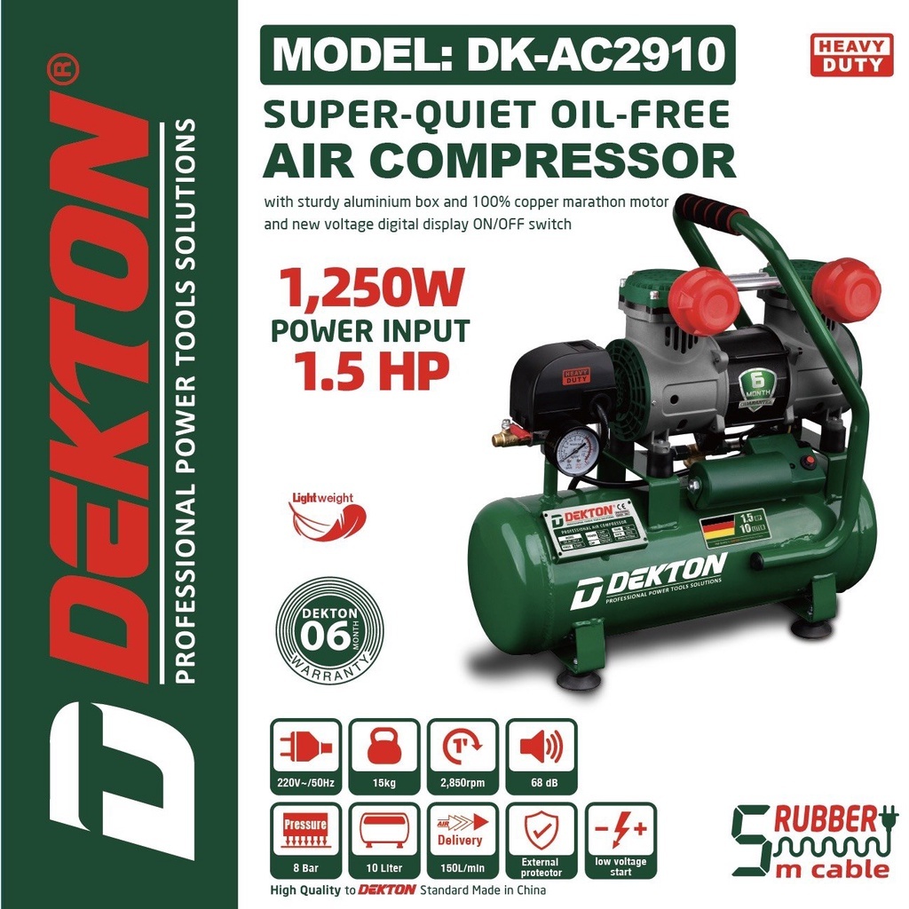 Máy nén khí không dầu 10 Lít Dekton DK-AC2910, Công suất 1.5HP, 1250W ...