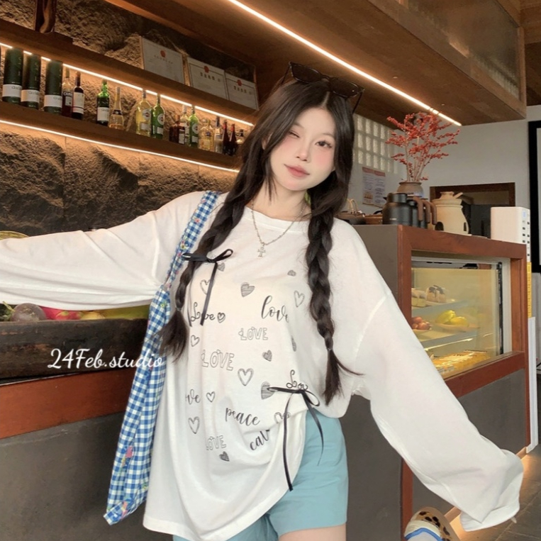 Áo pull giấy dài tay họa tiết Love kèm nơ form rộng phong cách ullzang ...