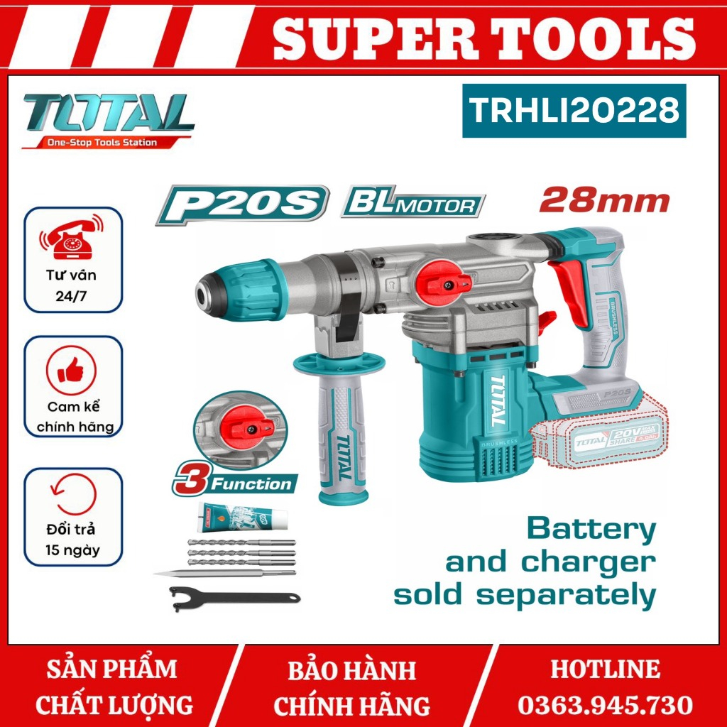 TOTAL Máy khoan đục bê tông 3 chức năng dùng pin 20V TRHLI20288 Mô tơ ...