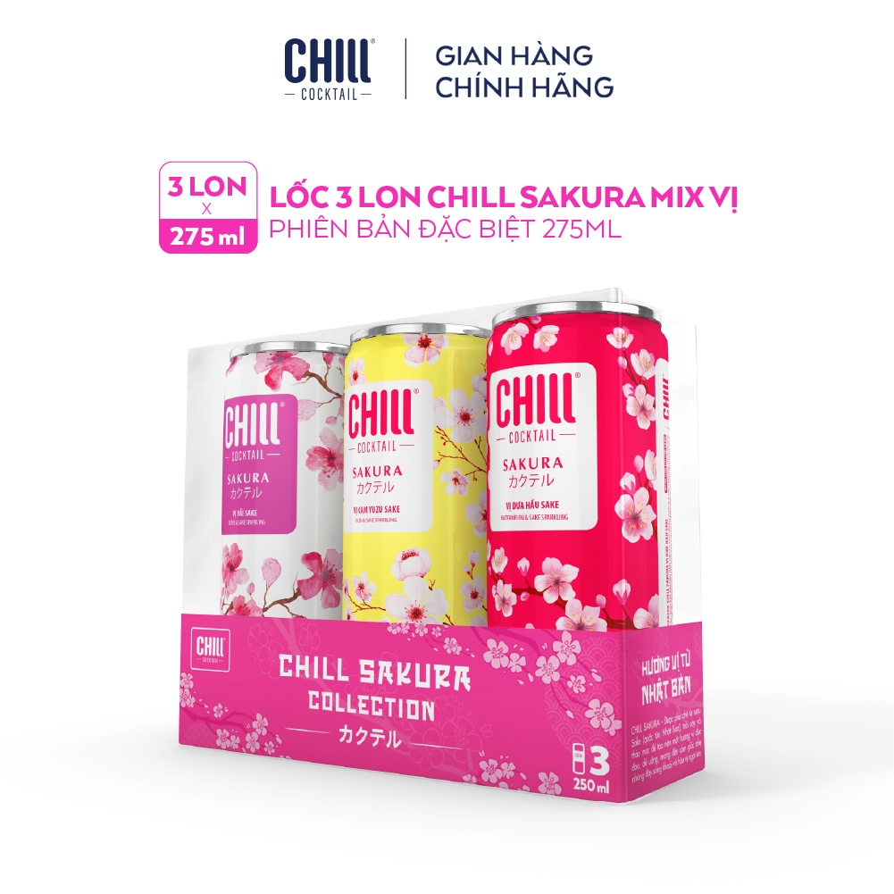 Lốc 3 Lon Chill Cocktail Sakura Mix Vị 250ml (Dưa Hấu Sake, Vải Sake Và ...