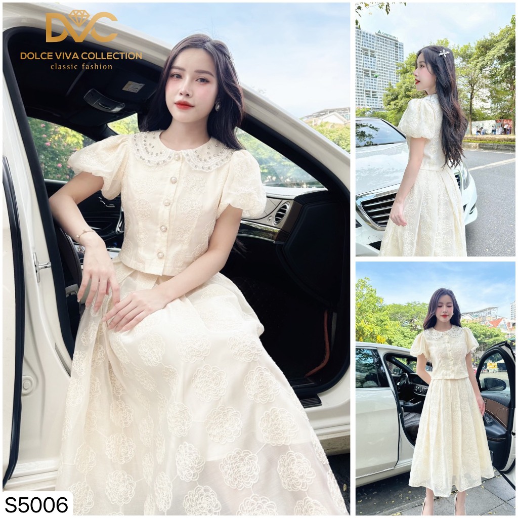 S5006 Sét áo và chân váy áo cổ tròn đính đá chát liệu ren mặc mát hàng ...