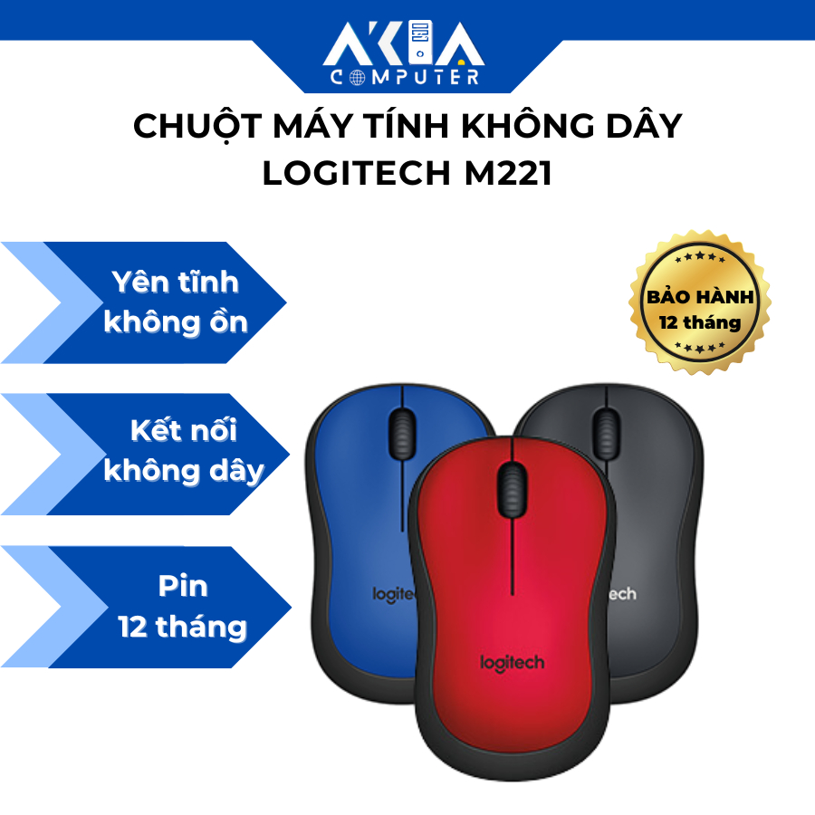 Chuột không dây Logitech M221, yên tĩnh không ồn, pin 12 tháng, 3 màu ...