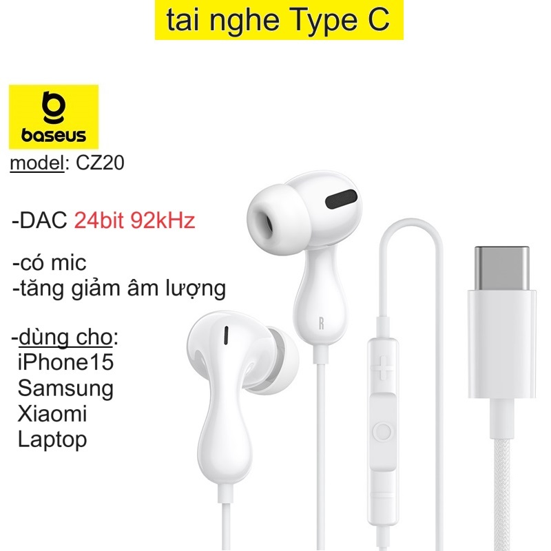 Tai nghe Type C Baseus encok CZ20 DAC 24bit 92kHz có mic tăng giảm âm ...