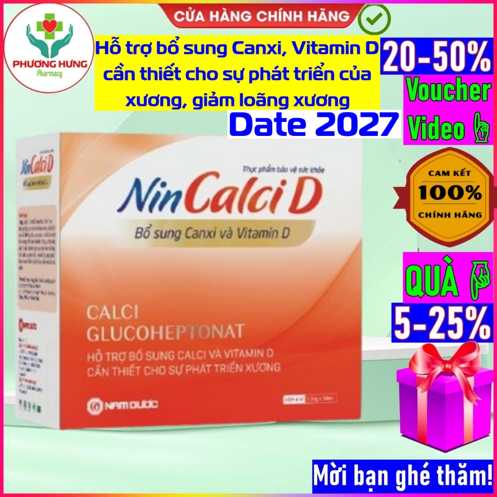 Nin Calci D của Nam Dược Bổ sung Calci/Canxi, Vitamin D, giúp giảm loãng xương-Hộp 20 ống x 10ml ...