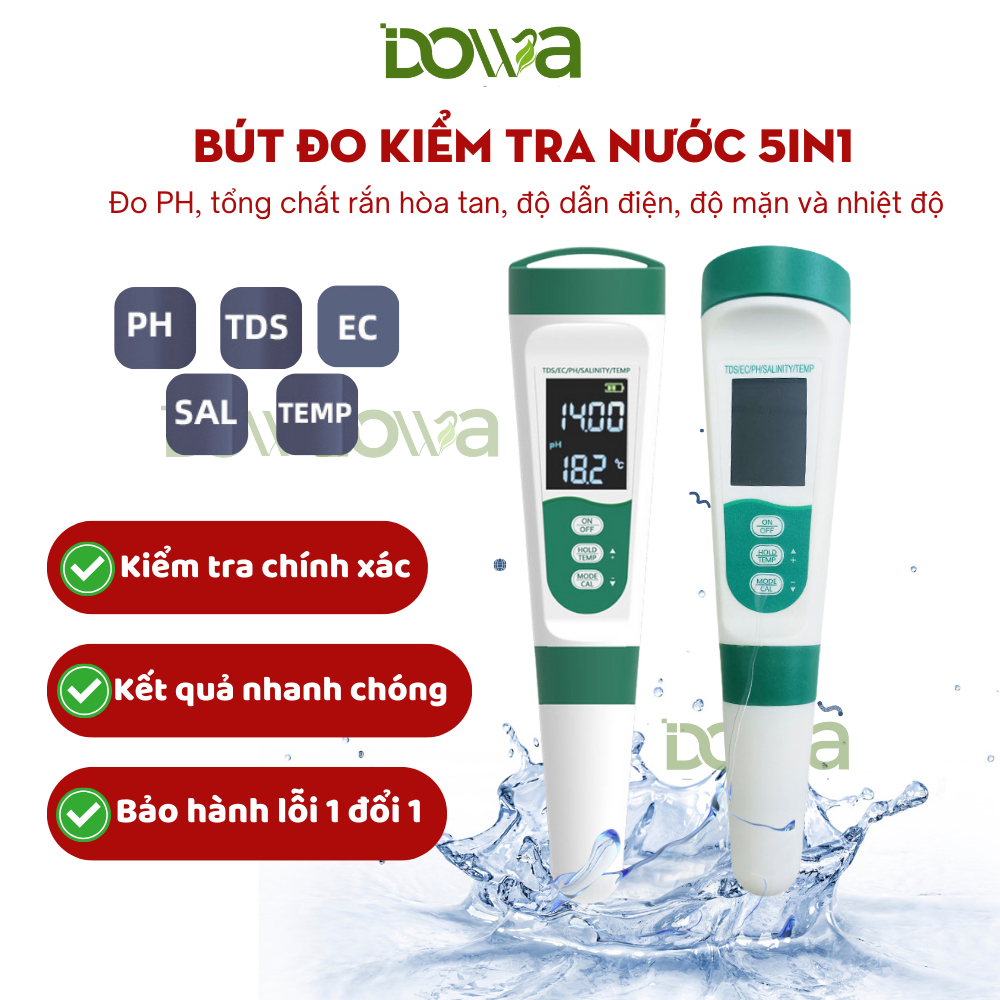 Bút đo nước DOWA 5 chức năng (TDS, SALINTY, HP, EC, TEMP) Kiểm tra chất rắn, Bazơ axit, độ mặn ...