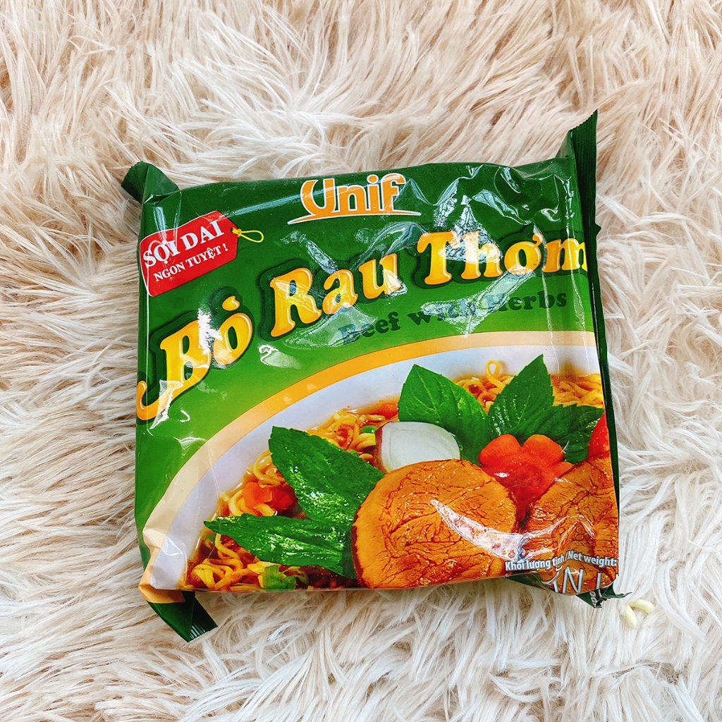 Mì Unif Bò Rau Thơm, gói 72g Sợi mì vàng dai ngon tuyệt quyện trong ...