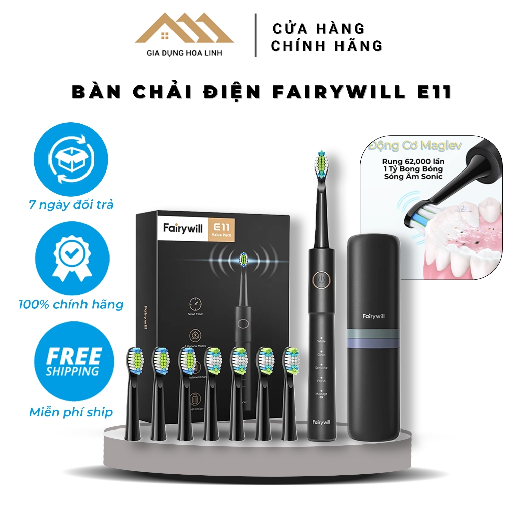 Bàn chải điện Fairywill E11 5 chế độ công nghệ làm sạch răng bằng sóng siêu âm của Đức làm sạch ...